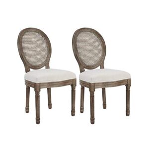 CangLong Farmhouse Dining Room Accent Chairs French Distressed Bedroom Chairs with Round Rattan Back Elegant Kitchen Chairs Side Chair, Set of 2 , Rattan Back in Beige