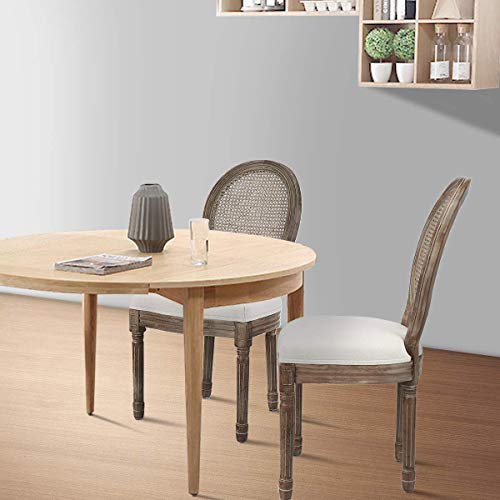 CangLong Farmhouse Dining Room Accent Chairs French Distressed Bedroom Chairs with Round Rattan Back Elegant Kitchen Chairs Side Chair, Set of 2 , Rattan Back in Beige