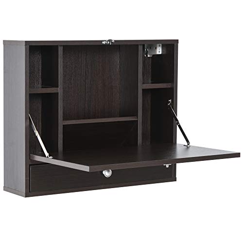 HOMCOM Wall Mounted Desk with Storage Shelves, Floating Desk with Foldable Tabletop, Space Saving Computer Writing Table, Coffee