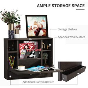 HOMCOM Wall Mounted Desk with Storage Shelves, Floating Desk with Foldable Tabletop, Space Saving Computer Writing Table, Coffee