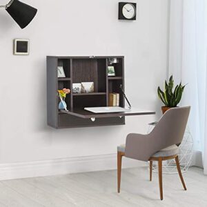 HOMCOM Wall Mounted Desk with Storage Shelves, Floating Desk with Foldable Tabletop, Space Saving Computer Writing Table, Coffee