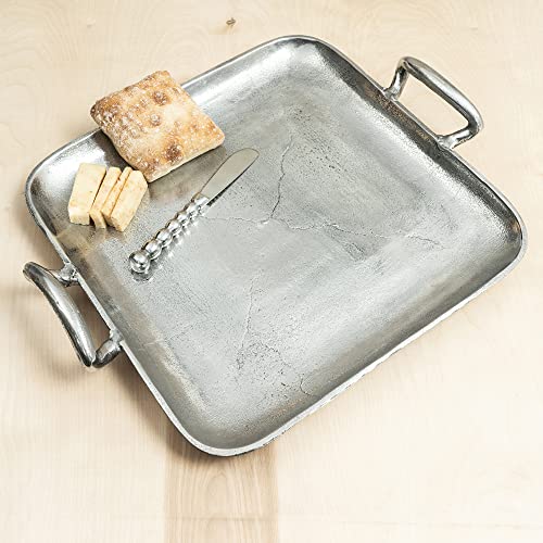 India Handicrafts Brushed Silver Tone Textured Square 17 inch Aluminum Serving Tray with Handles