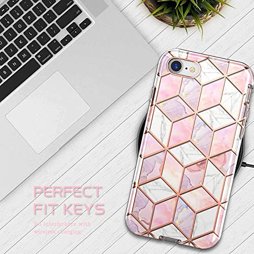 Hasaky Case for iPhone SE 2022 Case,iPhone SE 2020 Case,iPhone 8 Case,iPhone 7 Case,iPhone 6s/6 Case,Dual Layer TPU+PC Heavy Duty Anti-Scratch Shockproof Protective Phone Case - Pink/Rose Gold Marble