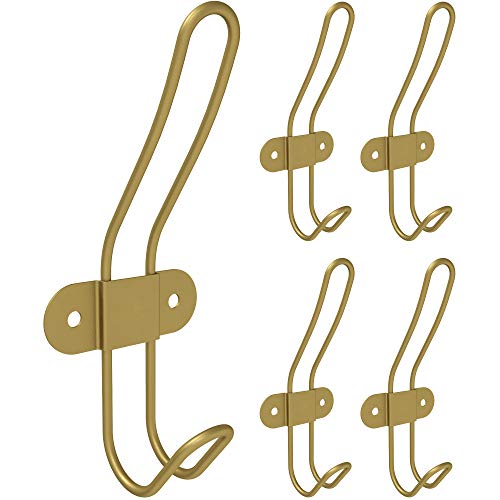 Tibres - Gold Coat Wall Hooks for Towel Clothes Robe Jacket Backpack and Bag - Brushed Gold Hanger for Bathroom - Metal Double Hooks Door or Wall Mounted - Set of 5