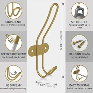 Tibres - Gold Coat Wall Hooks for Towel Clothes Robe Jacket Backpack and Bag - Brushed Gold Hanger for Bathroom - Metal Double Hooks Door or Wall Mounted - Set of 5