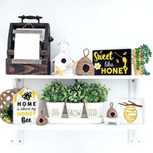 Huray Rayho Bee Wooden Sign Tiered Tray Decor Set of 3, 3D Raised Letter Laser Cutting Bumble Bee Wood Block Spring Summer Farmhouse Home Kitchen Decor Self-Standing Display for Tray, Mantel, Shelf