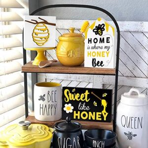 Huray Rayho Bee Wooden Sign Tiered Tray Decor Set of 3, 3D Raised Letter Laser Cutting Bumble Bee Wood Block Spring Summer Farmhouse Home Kitchen Decor Self-Standing Display for Tray, Mantel, Shelf