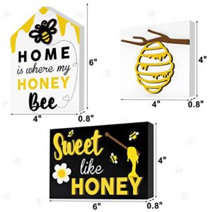 Huray Rayho Bee Wooden Sign Tiered Tray Decor Set of 3, 3D Raised Letter Laser Cutting Bumble Bee Wood Block Spring Summer Farmhouse Home Kitchen Decor Self-Standing Display for Tray, Mantel, Shelf