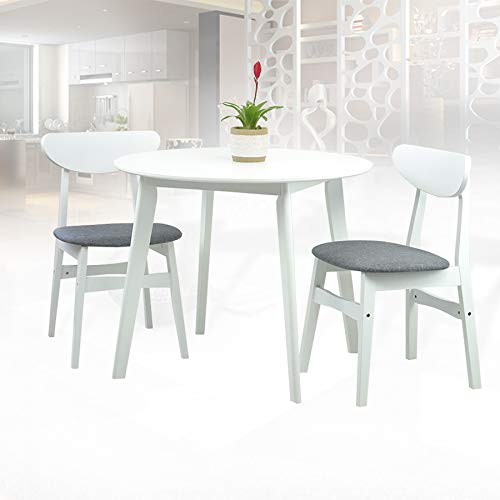 Dining Room Set of 2 Yumiko Chairs and Round Dining Table Kitchen Modern Solid Wood w/Padded Seat, White Color with Light Gray Cushion