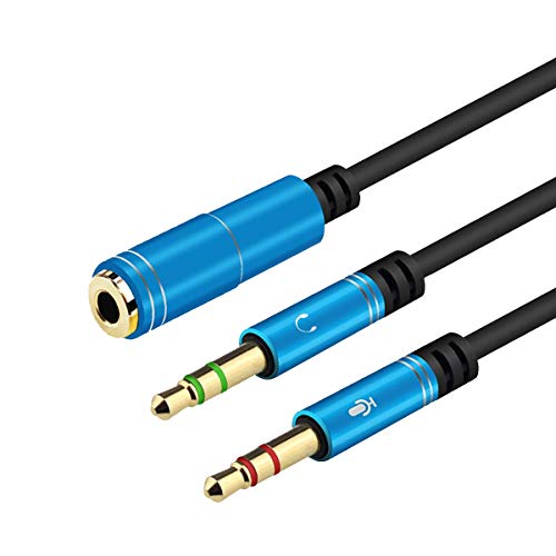 Headset Splitter Adapter for PC, Y Splitter Cable with Audio/Mic, 3.5mm Jack Headphone Adapter for Computer (Female to 2 Dual Male/Blue)