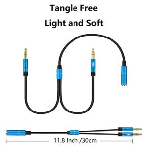 Headset Splitter Adapter for PC, Y Splitter Cable with Audio/Mic, 3.5mm Jack Headphone Adapter for Computer (Female to 2 Dual Male/Blue)