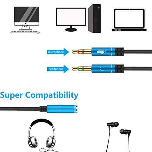 Headset Splitter Adapter for PC, Y Splitter Cable with Audio/Mic, 3.5mm Jack Headphone Adapter for Computer (Female to 2 Dual Male/Blue)