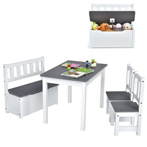 costzon kids table and chair set, wood activity table with toy storage bench & 2 chairs for children reading, arts, crafts, snack time, homework, playroom, toddler table and chair set (grey)