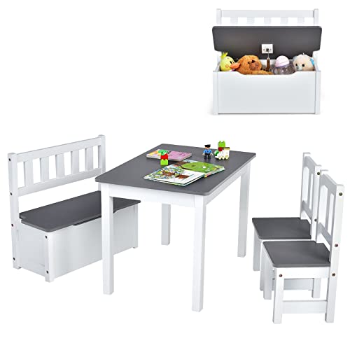 Costzon Kids Table and Chair Set, Wood Activity Table with Toy Storage Bench & 2 Chairs for Children Reading, Arts, Crafts, Snack Time, Homework, Playroom, Toddler Table and Chair Set (Grey)