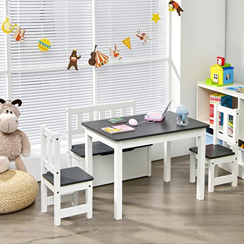 Costzon Kids Table and Chair Set, Wood Activity Table with Toy Storage Bench & 2 Chairs for Children Reading, Arts, Crafts, Snack Time, Homework, Playroom, Toddler Table and Chair Set (Grey)