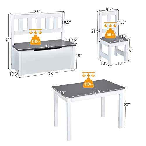 Costzon Kids Table and Chair Set, Wood Activity Table with Toy Storage Bench & 2 Chairs for Children Reading, Arts, Crafts, Snack Time, Homework, Playroom, Toddler Table and Chair Set (Grey)