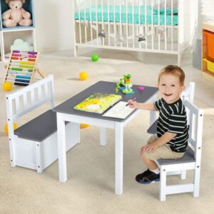 Costzon Kids Table and Chair Set, Wood Activity Table with Toy Storage Bench & 2 Chairs for Children Reading, Arts, Crafts, Snack Time, Homework, Playroom, Toddler Table and Chair Set (Grey)