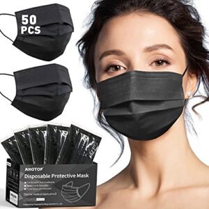 black disposable face masks, individually wrapped black face masks for women, disposable face mask for men, breathable comfortable cool dust mask with nose wire ear loop for adults teen girls working out, 3 ply 50pcs