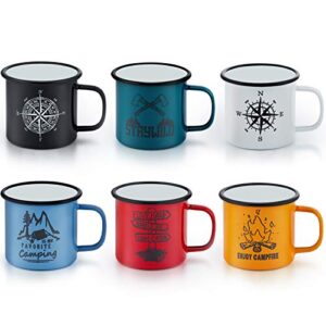 e-far enamel camping mug set of 6, 16 ounce metal enamel coffee tea cups for outdoor camping hiking backpacking kids, 2-sided unique graphic design & large size - colourful