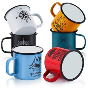 E-far Enamel Camping Mug Set of 6, 16 Ounce Metal Enamel Coffee Tea Cups for Outdoor Camping Hiking Backpacking Kids, 2-Sided Unique Graphic Design & Large Size - Colourful