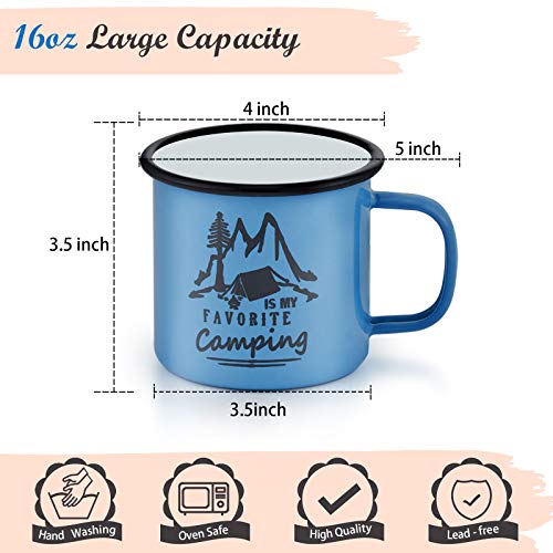 E-far Enamel Camping Mug Set of 6, 16 Ounce Metal Enamel Coffee Tea Cups for Outdoor Camping Hiking Backpacking Kids, 2-Sided Unique Graphic Design & Large Size - Colourful