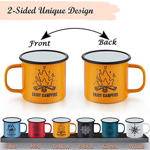 E-far Enamel Camping Mug Set of 6, 16 Ounce Metal Enamel Coffee Tea Cups for Outdoor Camping Hiking Backpacking Kids, 2-Sided Unique Graphic Design & Large Size - Colourful