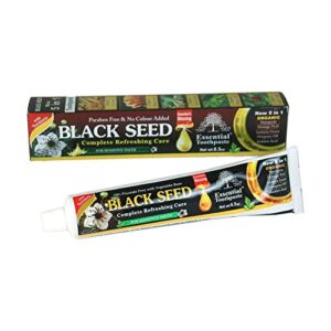 organic black seed essential toothpaste 5 in 1 100% fluoride free & vegetable base for seneitive teeth.