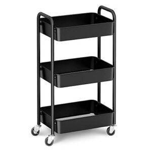 caxxa 3-tier rolling metal storage organizer - mobile utility cart, kitchen cart with caster wheels (black)