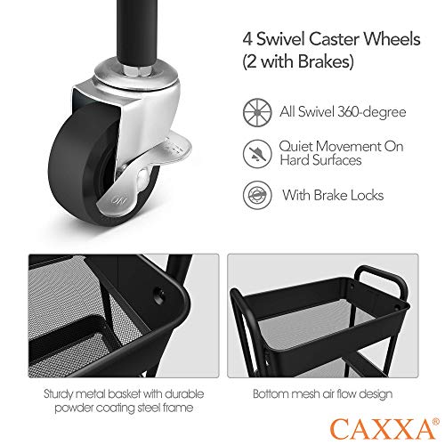 CAXXA 3-Tier Rolling Metal Storage Organizer - Mobile Utility Cart, Kitchen Cart with Caster Wheels (Black)