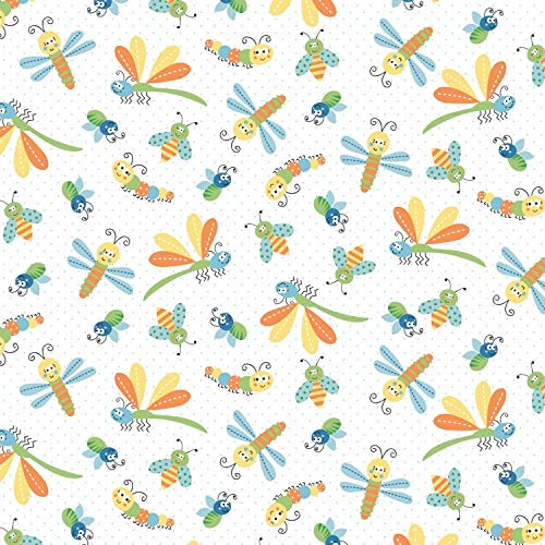 Quality Fabric Dragonflies, Happy Bugs on White Flannel by The 1/4 Yard