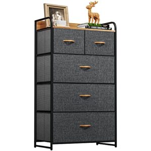 yitahome fabric dresser with 5 drawers - storage tower with large capacity, organizer unit for bedroom, living room & closets - sturdy steel frame, wooden top & easy pull fabric bins (dark grey)