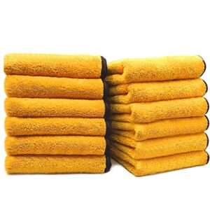 solid multipurpose plush microfiber cleaning cloth - cleaning towel for household, car washing, drying & auto detailing - 12" x 12" (yellow, 12)