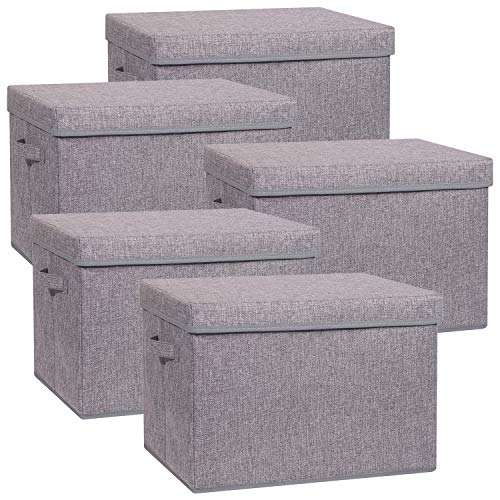 TENABORT 5 Pack Large Foldable Storage Box with Lids [16.5x11.8x11.8] Fabric Storage Cube Organizer Cloth Containers Linen Bins Baskets for Closet Clothes Clothing Bed Room