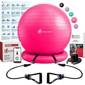 intent sports yoga ball chair – stability ball with inflatable stability base & resistance bands, fitness ball for home gym, office, improves back pain, core, posture & balance (65 cm) (pink)