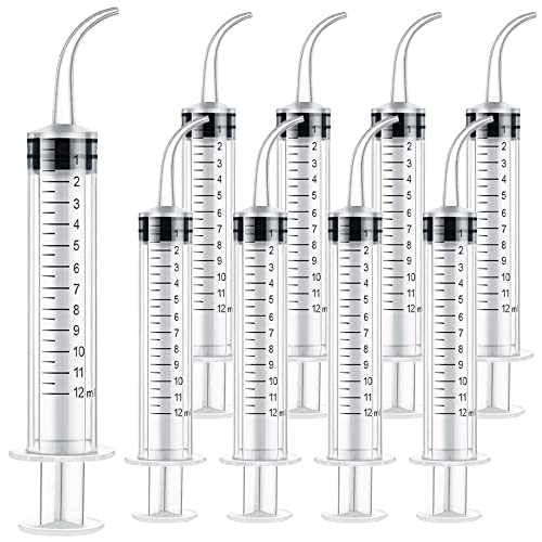 9 Pack 12ml/cc Dental Syringe with Curved Tip & Measurement Disposable Graduated Dental Irrigation Syringe for Oral Dental Care, Tonsil Stones Removing, Lab, Feed Small Pet (9 Pack-Curved-Measurement)