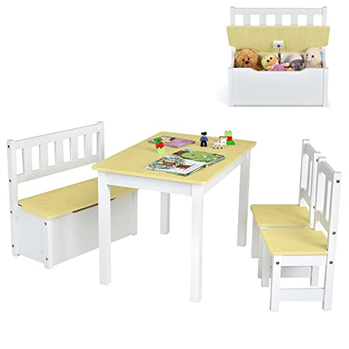 Costzon Kids Table and Chair Set, Wood Activity Table with Toy Storage Bench & 2 Chairs for Children Reading, Arts, Crafts, Snack Time, Homework, Playroom, Toddler Table and Chair Set (Natural)