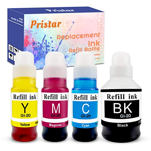 Pristar Compatible Ink for Canon GI-20 GI20 GI 20 Ink Refills Replacement for Canon PIXMA G6020 G7020 G5020 MegaTank Printer Ink Bottle,170ML Black Canon GI-20 Ink, 70ML Canon GI20 Cyan/Magenta/Yellow