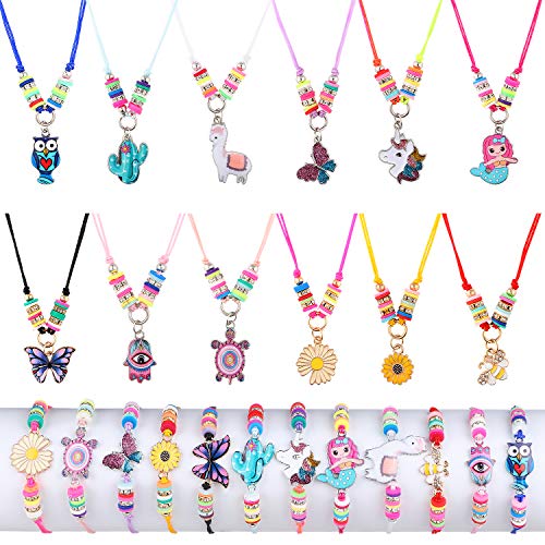 24 Pcs Kids Jewelry for Girls Woven Friendship Bracelets and Necklaces Set with Animal Unicorn Mermaid Butterfly Flower Pendants Gift for Little Girls