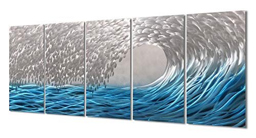 Yihui Arts Metal Wall Art - Silver Sea Waves 3D Sculpture, 5 Piece Hand Crafted Aluminum Coastal Artwork for Large Abstract Living Room, Bedroom, Bathroom Decor - Blue