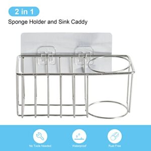 TKISZYZR Sponge Holder and Sink Caddy, 2 in 1 Kitchen Brush Holder No Drilling with Adhesives, Stainless Steel Rustproof Sponge Caddy for Kitchen Sink, Waterproof Sturdy Sink Organizer Rack Basket