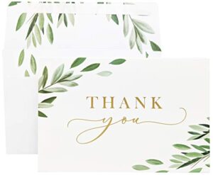 gooji 4x6 greenery leaves gold foil thank you cards (bulk 20-pack) matching peel-and-seal white envelopes | assorted set, watercolor | birthday party, baby shower, weddings, greeting, blank notes