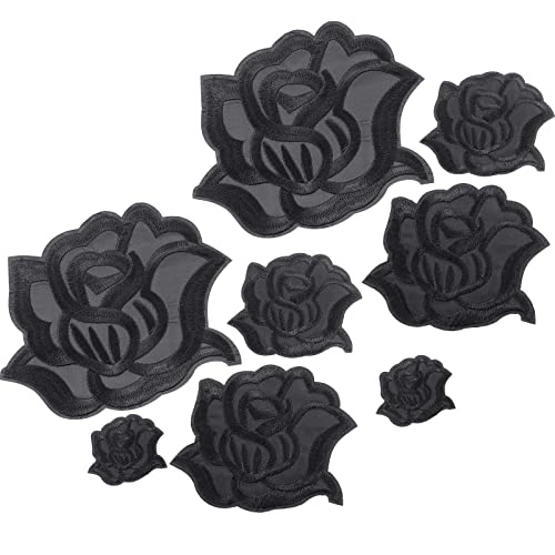 Black Rose Fabric Patches Rose Flower Repair Patches 4 Size Sew on or Iron on Applique Patches for Jacket Jeans Clothes Hats Shoes Bags (8 Pieces)