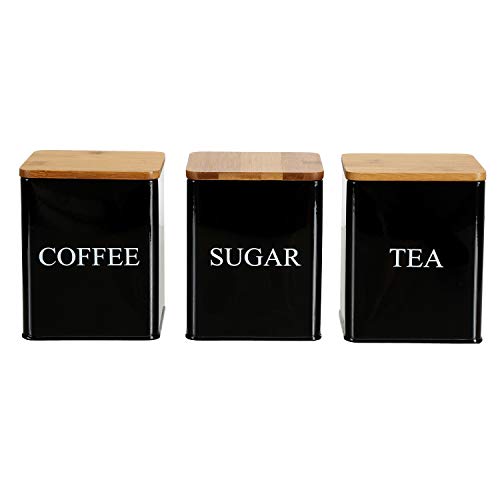 Fasmov 3 Pcs Kitchen Canister Set, Coffee, Sugar, and Tea Storage Container Jars with Bamboo Lids for storing Sugar, Coffee and Tea (Black)