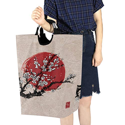 ZZKKO Asian Japanese Cherry Retro Laundry Basket Large Tote Collapsible Organizer Lightweight Oxford Laundry Hamper Foldable Clothes Storage Bag with Handle Home Bathroom Bedroom