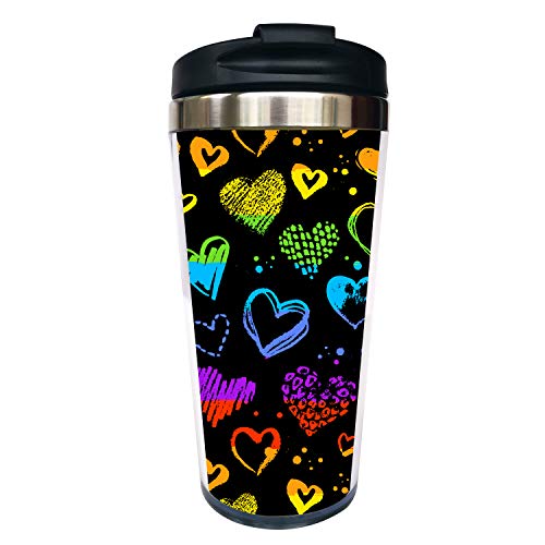 Waldeal LGBT Pride Travel Coffee Mug with Flip Lid, Lesbian Gay Love Rainbow Heart Stainless Steel Valentine's Day Cup Water Bottle 15 OZ, Birthday Anniversary Mug for Girlfriend Boyfriend