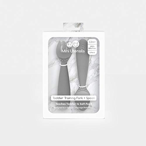 ezpz Mini Utensils (Fork & Spoon in Gray) - 100% BPA Free Fork and Spoon for Toddlers First Foods + Self-Feeding - Designed by a Pediatric Feeding Specialist - 12 Months+