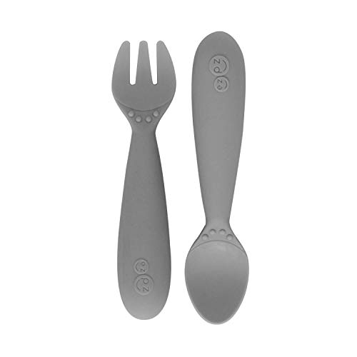 ezpz Mini Utensils (Fork & Spoon in Gray) - 100% BPA Free Fork and Spoon for Toddlers First Foods + Self-Feeding - Designed by a Pediatric Feeding Specialist - 12 Months+