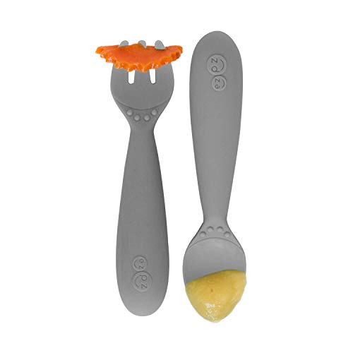 ezpz Mini Utensils (Fork & Spoon in Gray) - 100% BPA Free Fork and Spoon for Toddlers First Foods + Self-Feeding - Designed by a Pediatric Feeding Specialist - 12 Months+