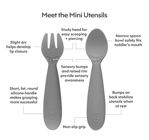 ezpz Mini Utensils (Fork & Spoon in Gray) - 100% BPA Free Fork and Spoon for Toddlers First Foods + Self-Feeding - Designed by a Pediatric Feeding Specialist - 12 Months+