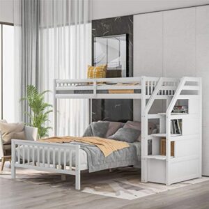 twin over full bunk bed, wood l-shaped bunk beds with storage stairs, twin over full bunk bed frame with guardrails and ladder for kids boys girls teens adults, can be convertible into 2 beds, white